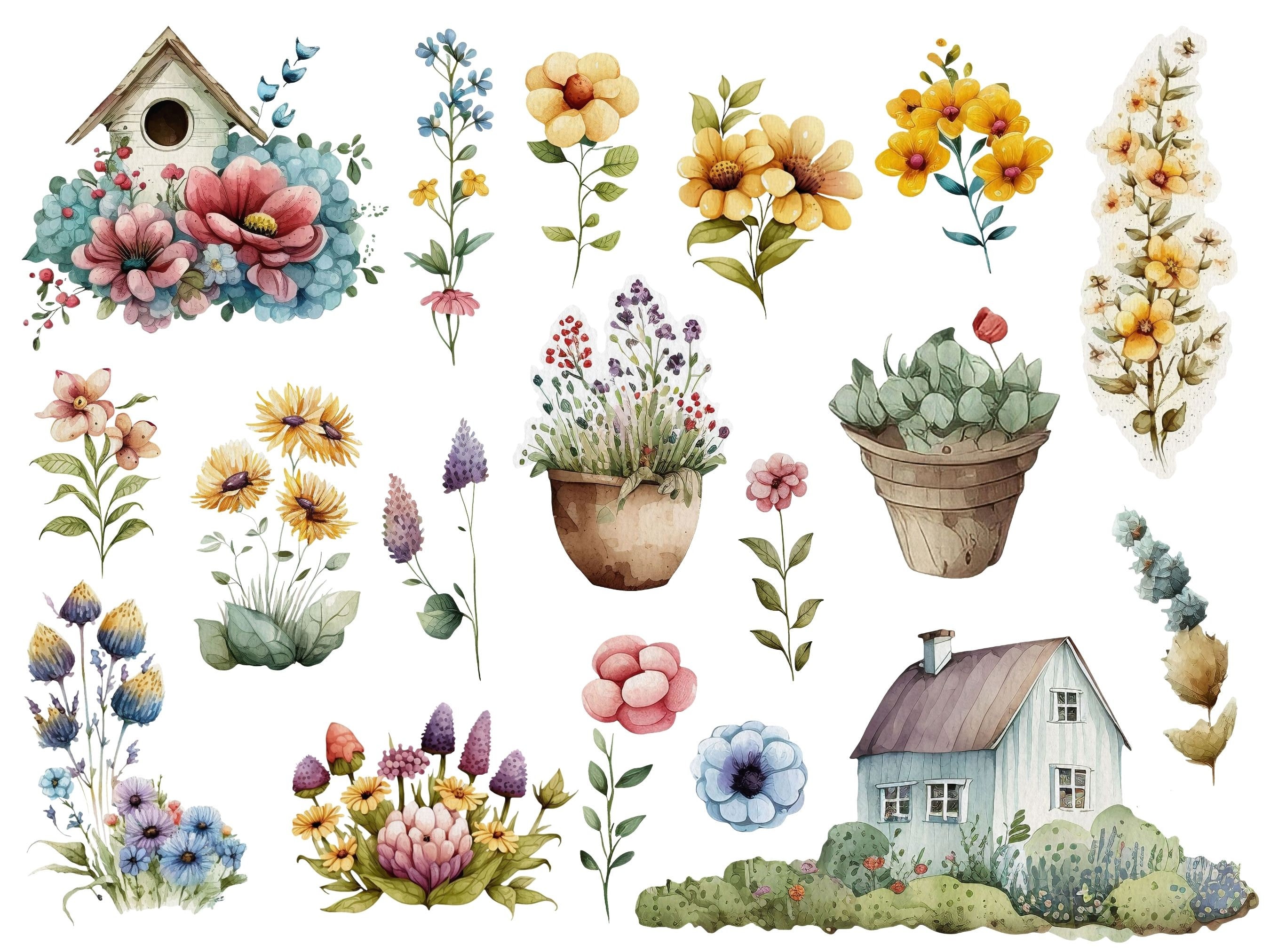 Farmhouse Flower Garden Clipart Bundle - 133 Watercolor PNG Elements ...