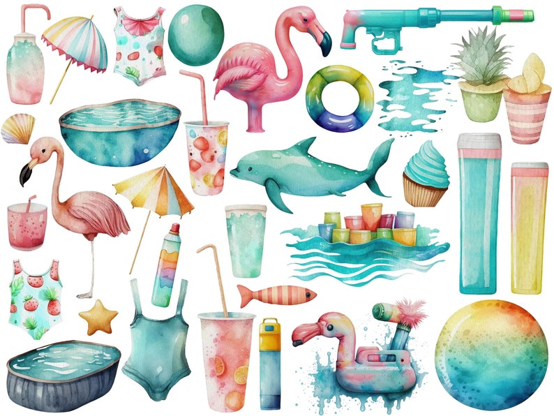 Pool Party Summer Clipart Collection Watercolor Cliparts - Etsy