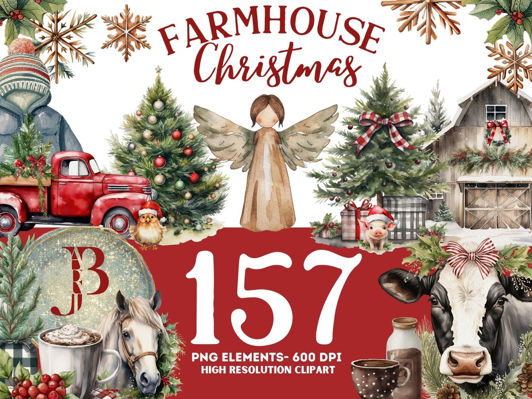 Watercolor Farmhouse Christmas Holiday Clipart Set Collection - Etsy