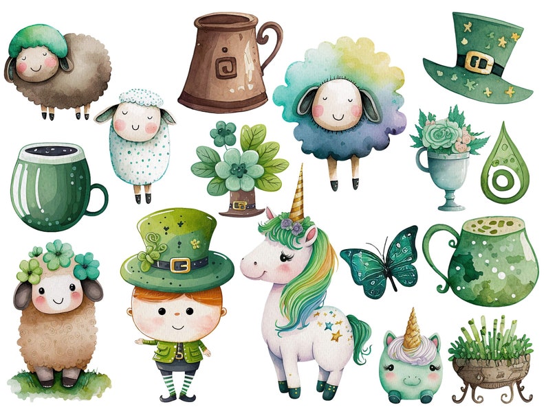 Watercolor St Patricks Day Clipart Cute Shamrock Download - Etsy