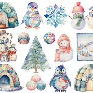 Winter Snowman Penguins and Quilted Cabins Clipart Set, Watercolor ...