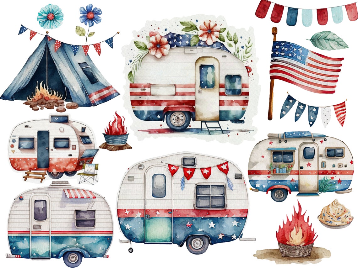 4th of July Camper Clipart - Camp USA Clipart Collection, Retro Camper ...