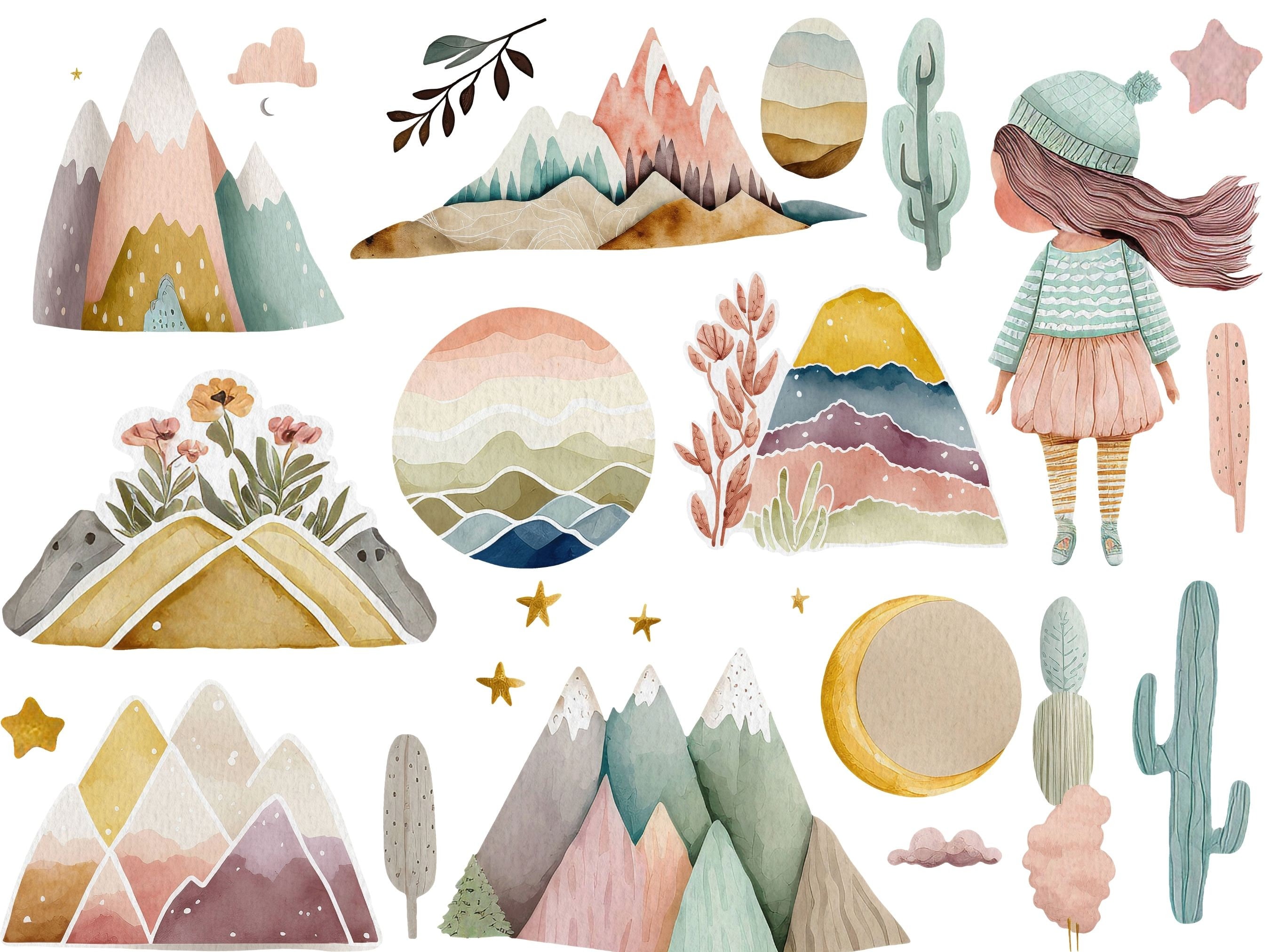 Boho Mountain Cliparts Clip Art, Boho Clipart Collection, Mountain ...