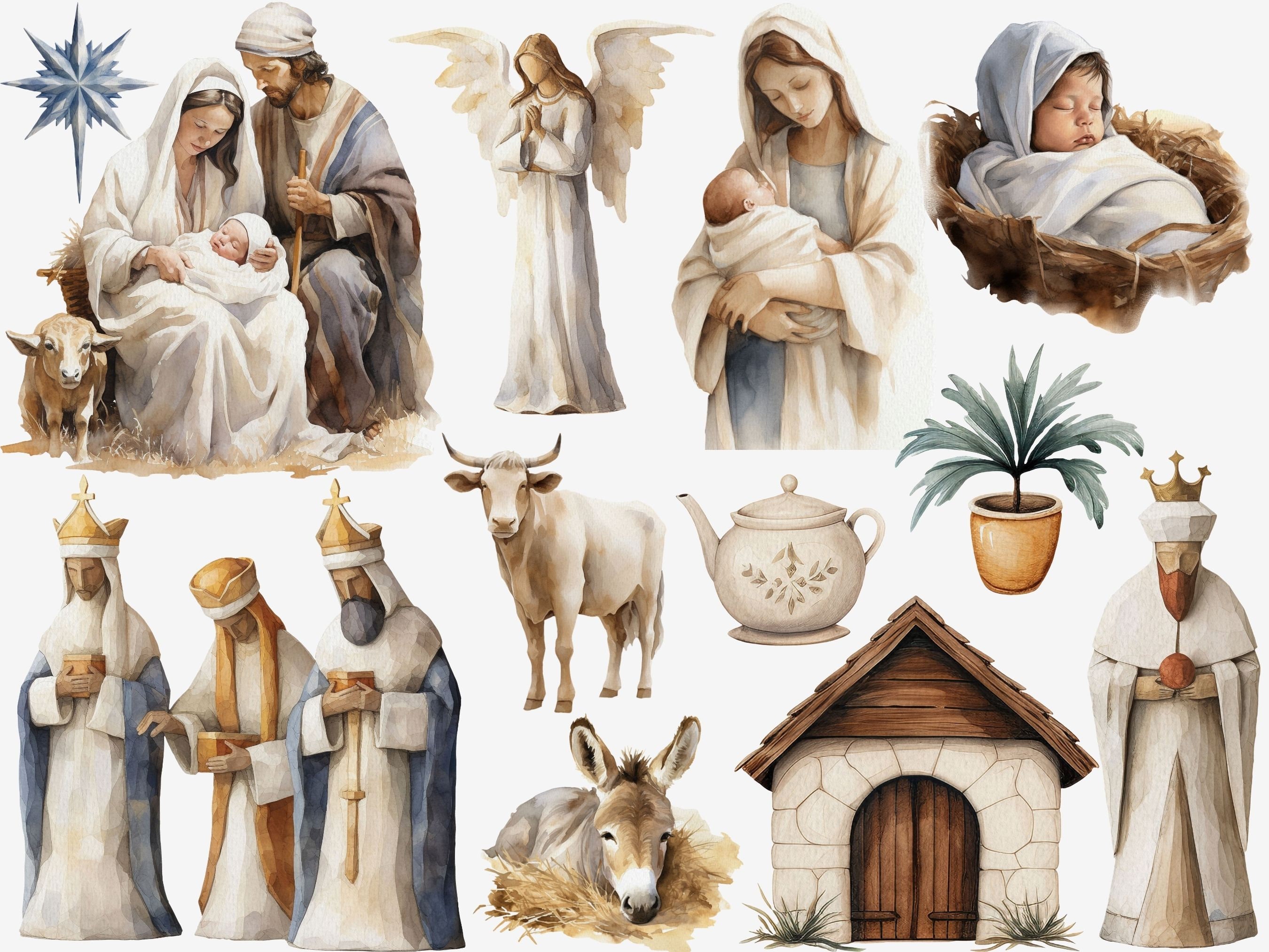 Watercolor Nativity Christmas Clipart PNG Set Collection - Etsy