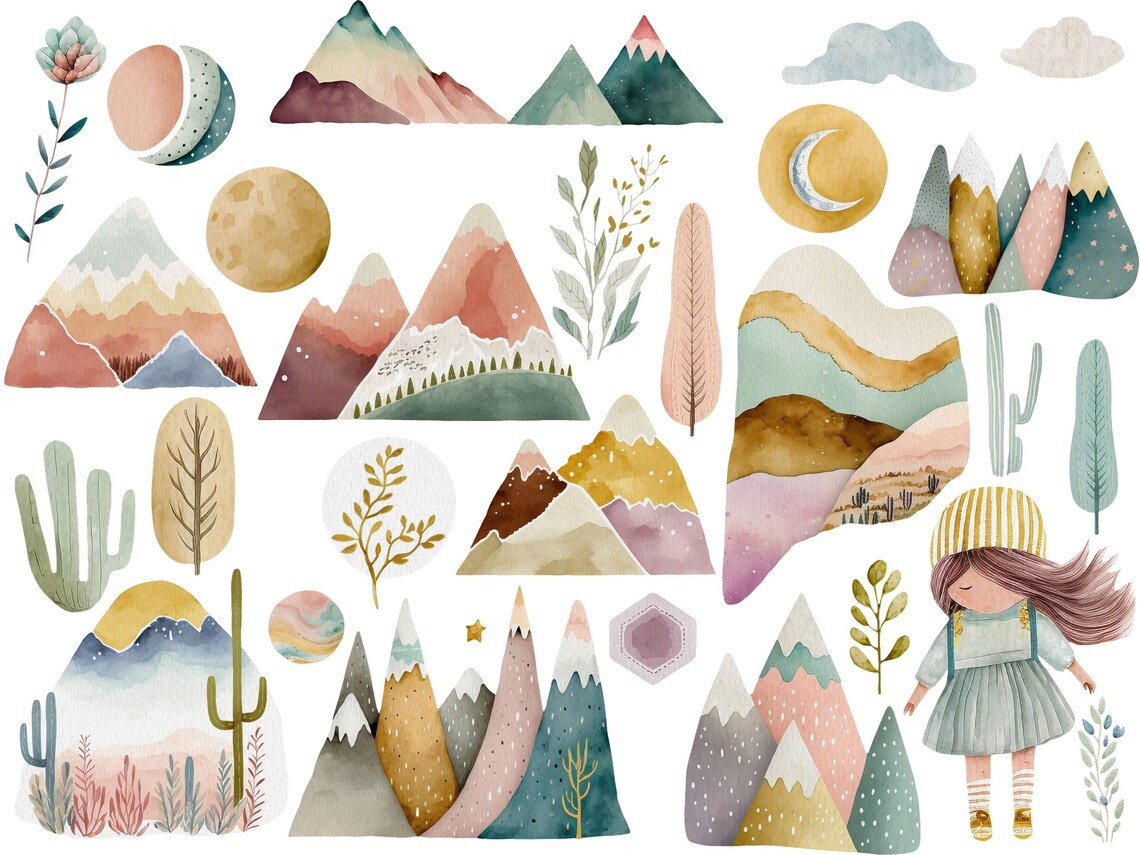 Boho Mountain Cliparts Clip Art, Boho Clipart Collection, Mountain ...