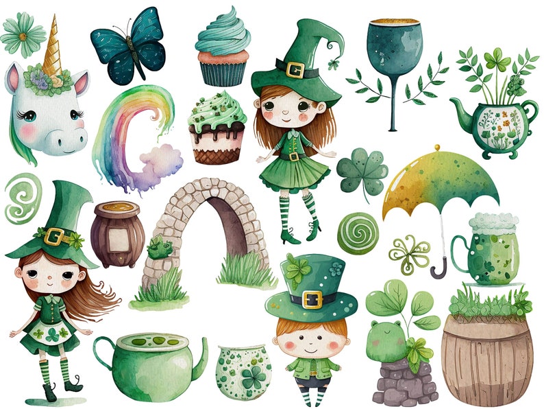 Watercolor St Patricks Day Clipart Cute Shamrock Download - Etsy