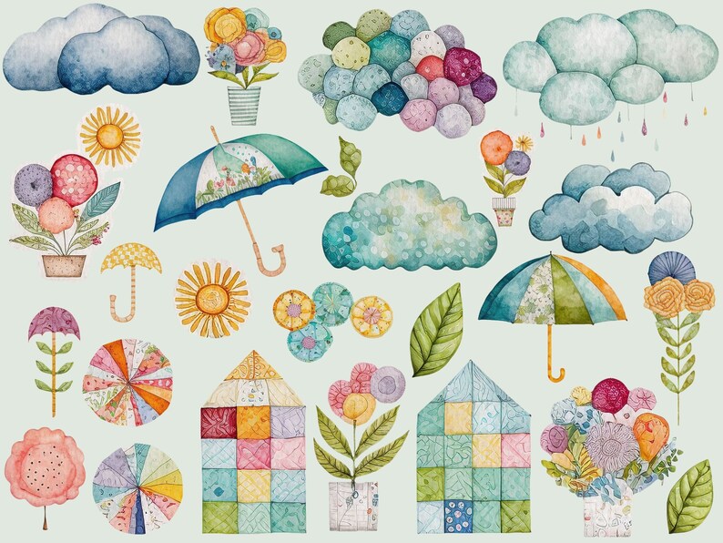 Spring Showers Quilt Watercolor Clipart Collection Instant - Etsy