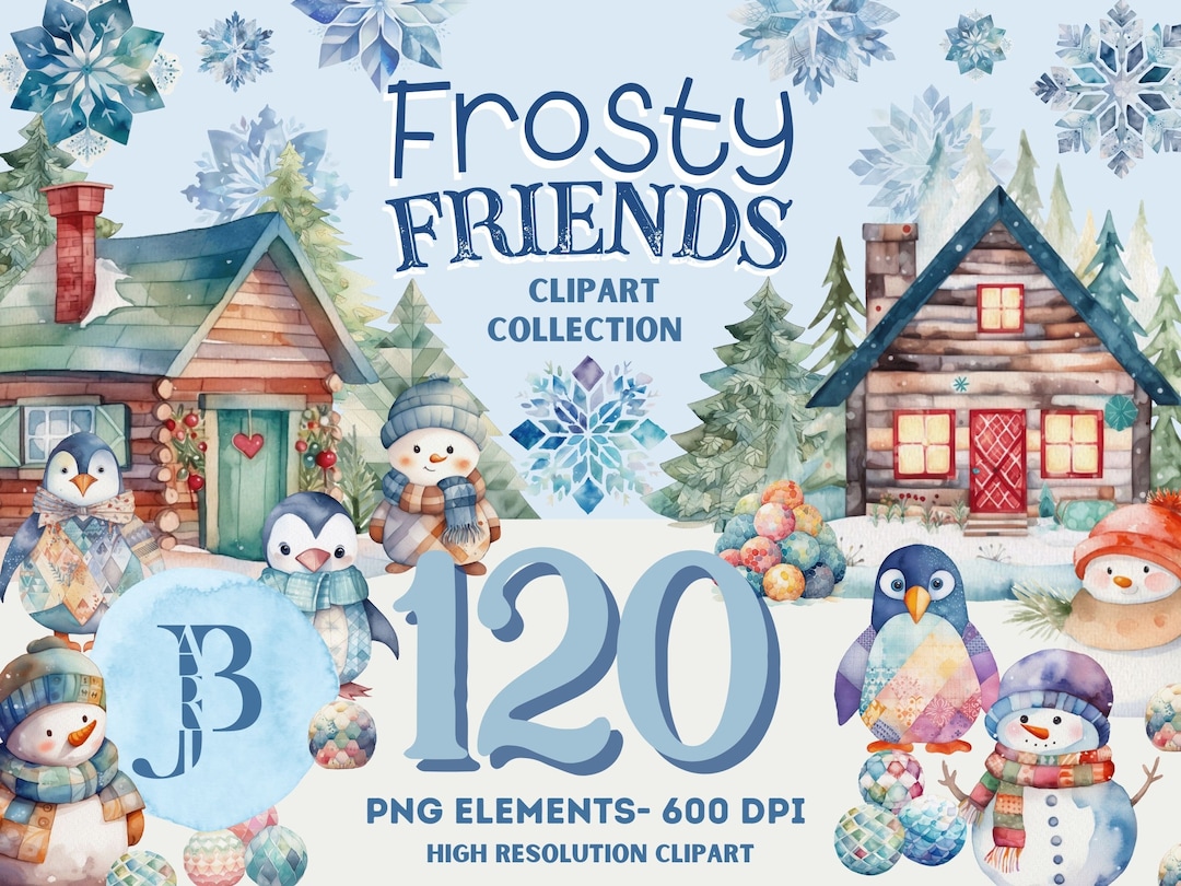 Winter Snowman Penguins and Quilted Cabins Clipart Set, Watercolor ...