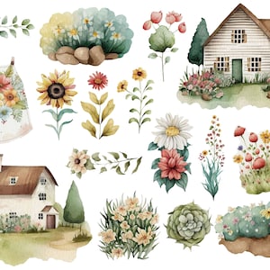 Farmhouse Flower Garden Clipart Bundle - 133 Watercolor PNG Elements ...