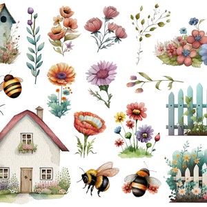 Farmhouse Flower Garden Clipart Bundle - 133 Watercolor PNG Elements ...