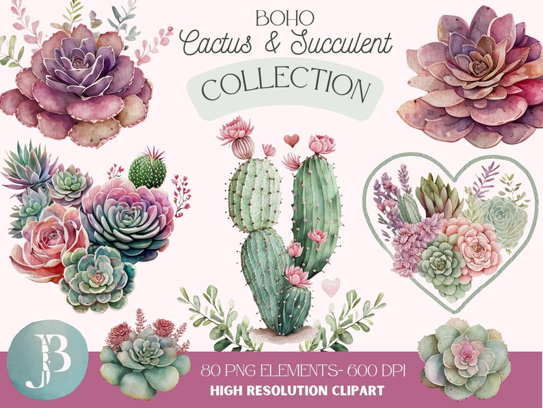 Boho Cactus and Succulent Watercolor Clipart Boho Clipart - Etsy