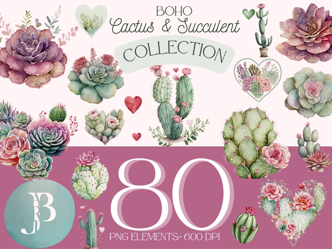 Boho Cactus and Succulent Watercolor Clipart, Boho Clipart, Valentine's ...
