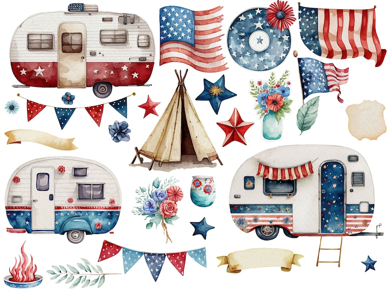 4th of July Camper Clipart - Camp USA Clipart Collection, Retro Camper ...