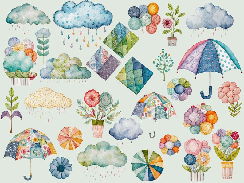 Spring Showers Quilt Watercolor Clipart Collection Instant - Etsy