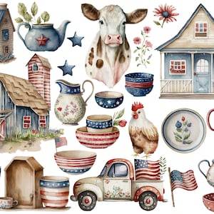 Watercolor Patriotic Farmhouse Clipart, 4th of July Farmhouse Clipart ...