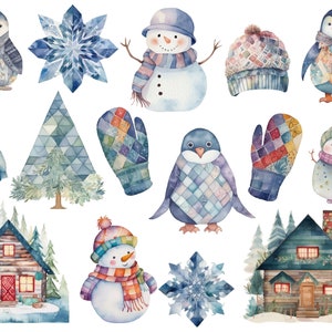 Winter Snowman Penguins and Quilted Cabins Clipart Set, Watercolor ...