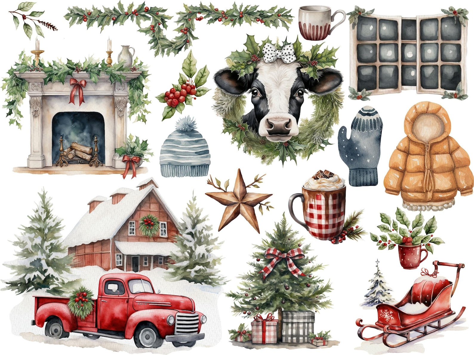 Watercolor Farmhouse Christmas Holiday Clipart Set Collection - Etsy