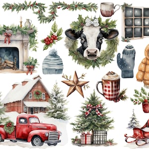 Watercolor Farmhouse Christmas Holiday Clipart Set Collection - Etsy