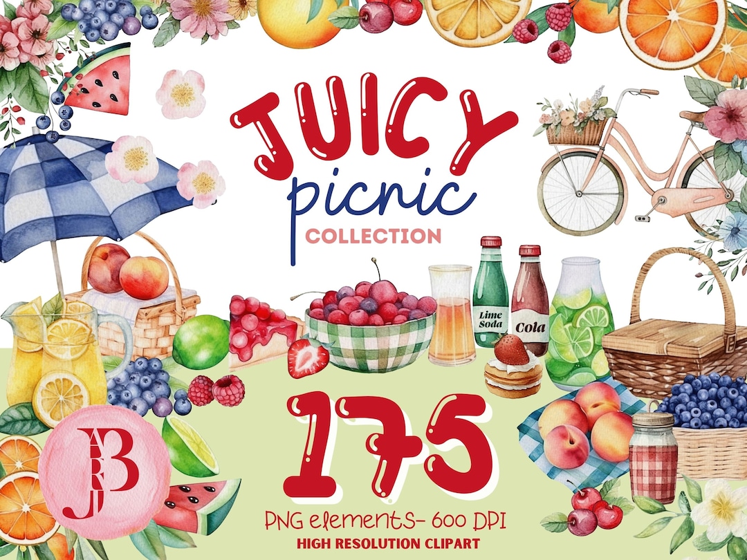 Picnic Fruit Watercolor Clipart Oranges Watermelon Bicycles Lemonade ...