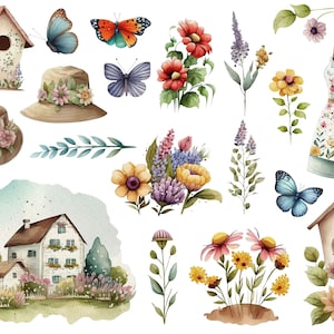Farmhouse Flower Garden Clipart Bundle - 133 Watercolor PNG Elements ...