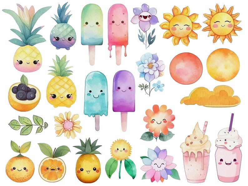 Watercolor Kawaii Summer Clipart Collection, Ice Cream Clipart ...