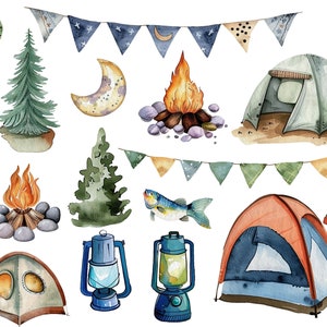 Summer Camp Clipart Graphics Collection Set in Watercolor, Commercial ...