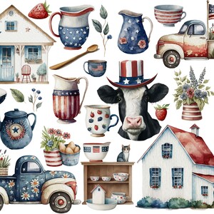 Watercolor Patriotic Farmhouse Clipart, 4th of July Farmhouse Clipart ...