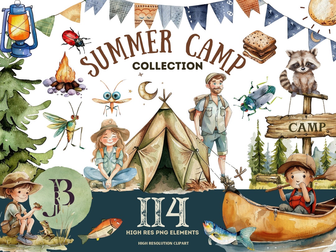 Summer Camp Clipart Graphics Collection Set in Watercolor, Commercial ...