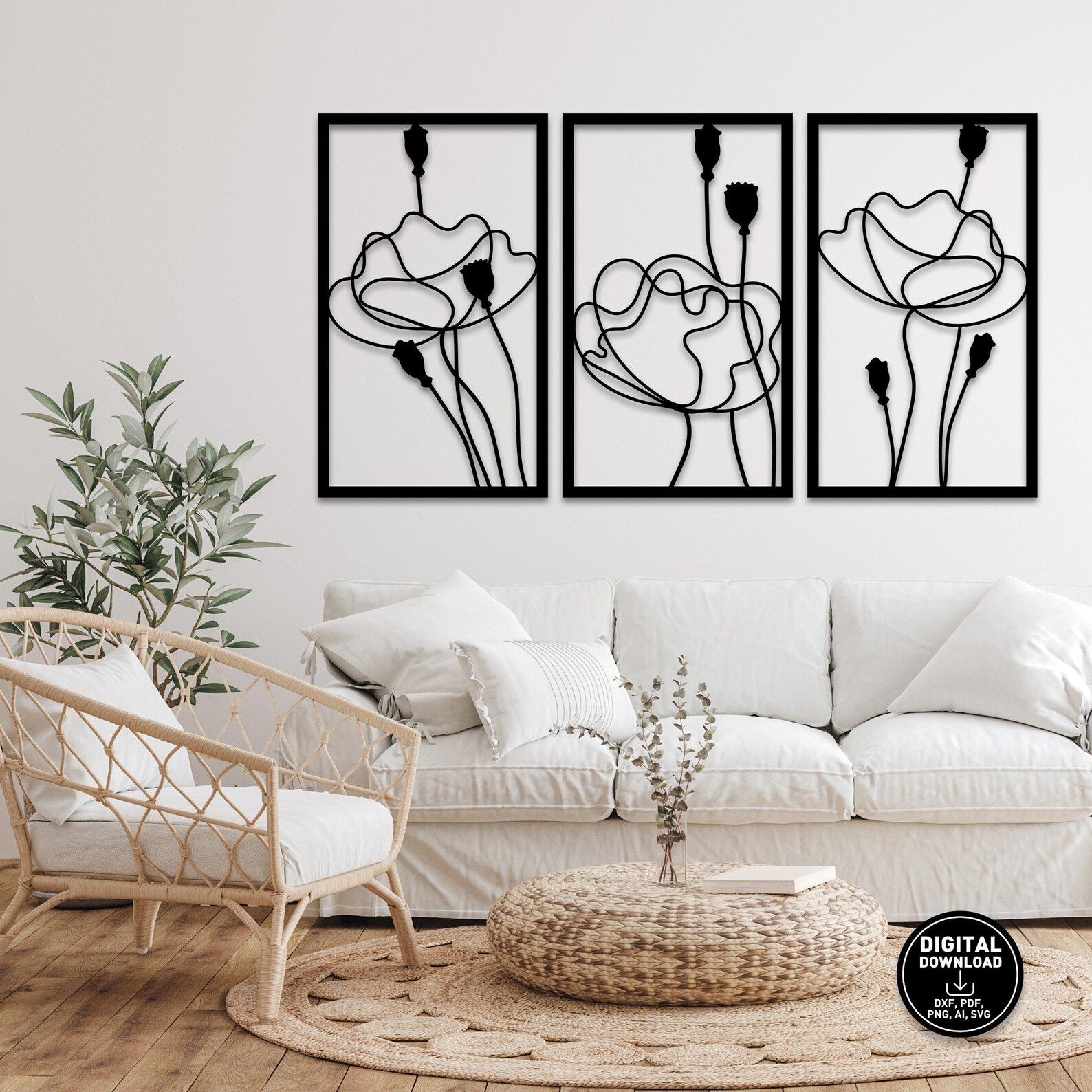 Set of 3 Poppy Flower Metal Wall Art Designs, Wall Art Boutique ...