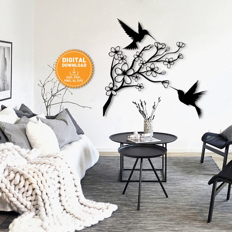 Hummingbirds and Flowers Laser Cut Svg Dxf Files Wall Sticker Engraving ...
