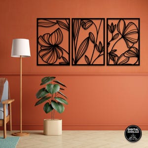 Floral Metal Wall Art SVG Bundle, 3 Panel Modern Flower Laser Cut File ...