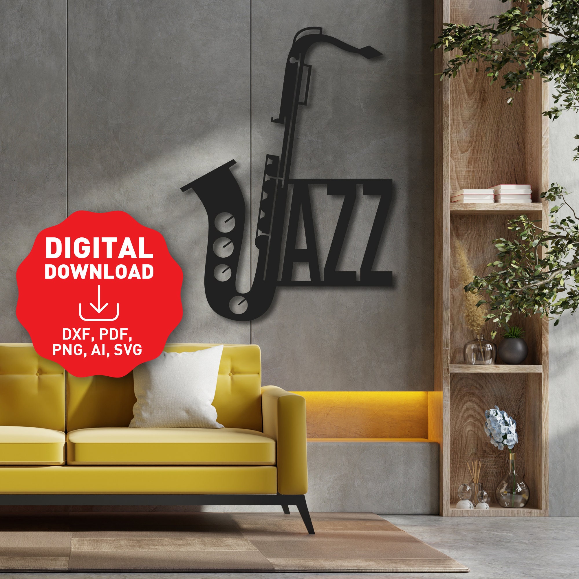 Jazz, Saxophone, Laser Cut Svg Dxf Files Wall Sticker Engraving Decal ...