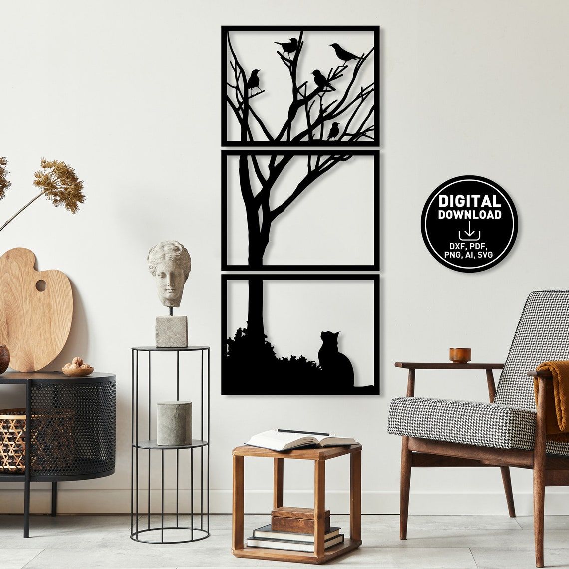 Tree of Life Cat and Birds 3 Pieces Metal Wall Art Designs, Wall Art ...