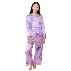 Embroidered Lavender Pink Blush Pajama Set, Lace Trim Elegant Two Piece ...