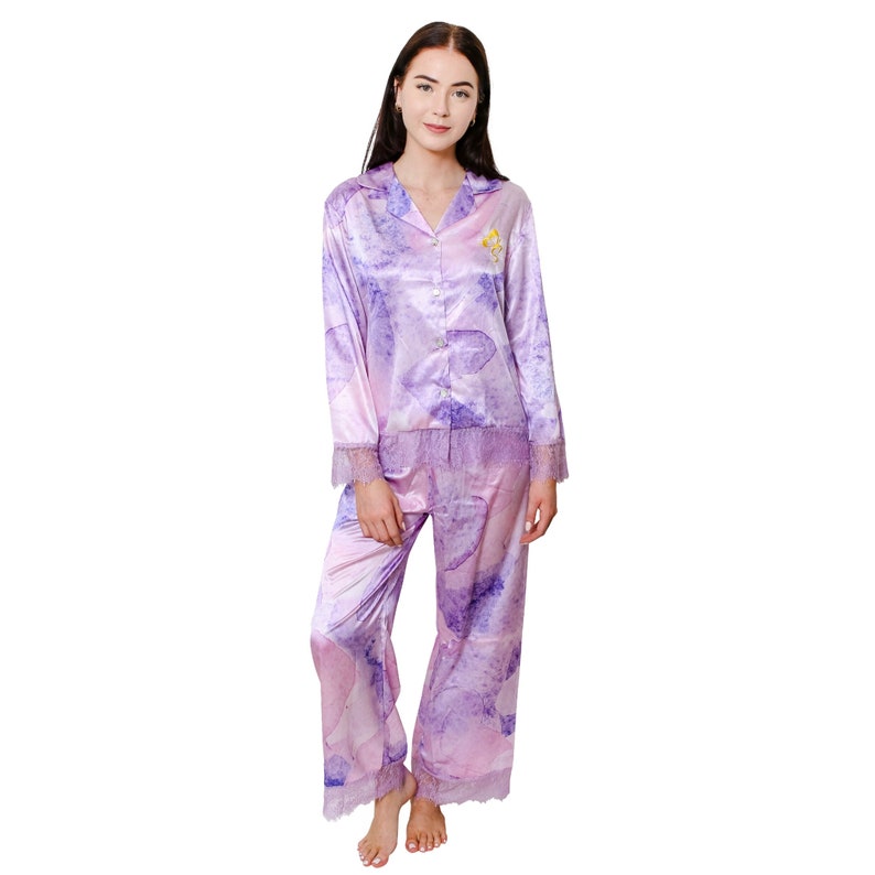 Embroidered Lavender Pink Blush Pajama Set, Lace Trim Elegant Two Piece ...