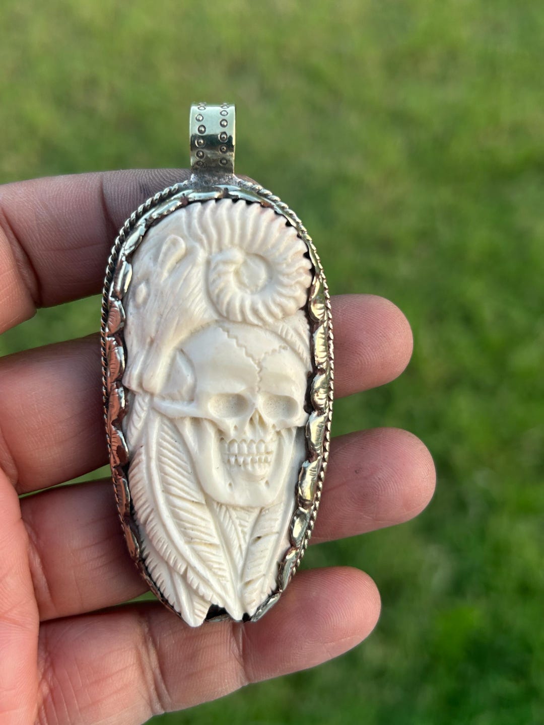 Ram Skeleton Pendant | Buffalo Bone Silver Overlay | Gothic Animal ...