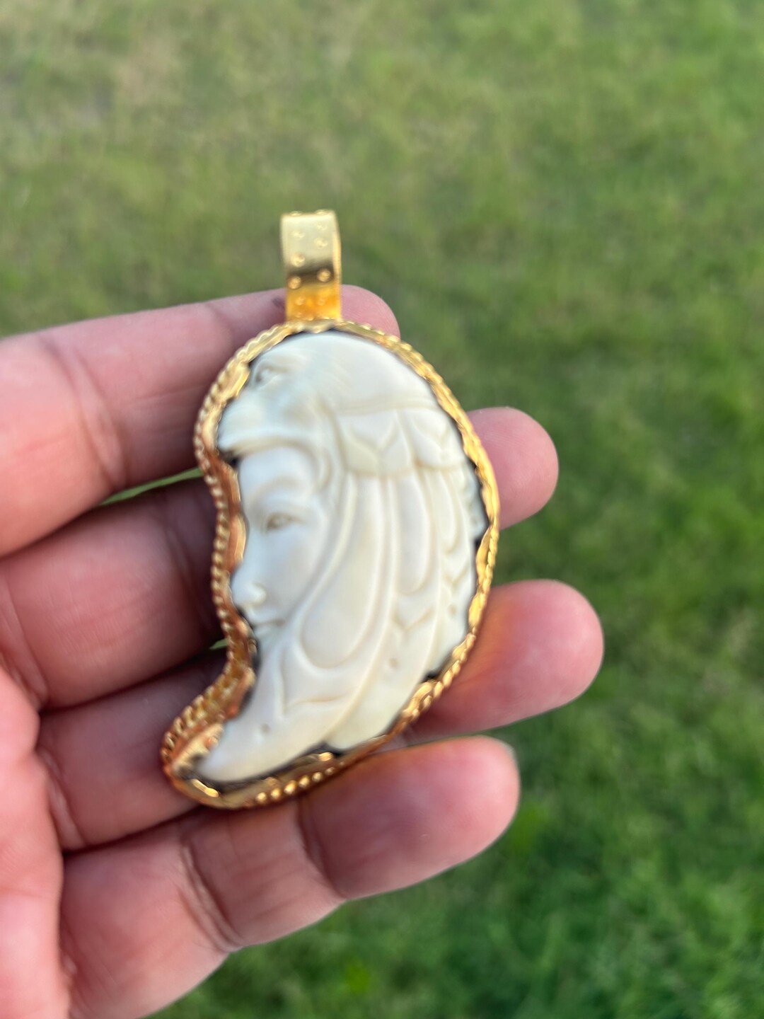 Bone Carved Indian Chief Pendant | Gold Overlay Native American Amulet ...