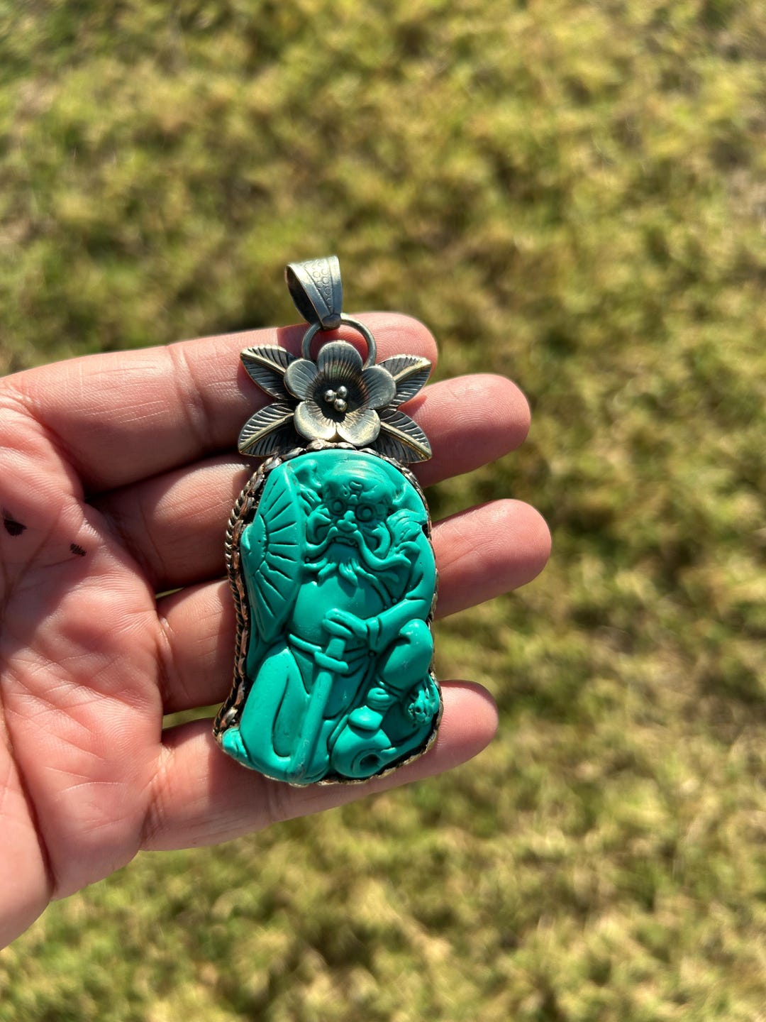 Tibetan Buddhist Pendant | Compressed Turquoise Silver Overlay ...
