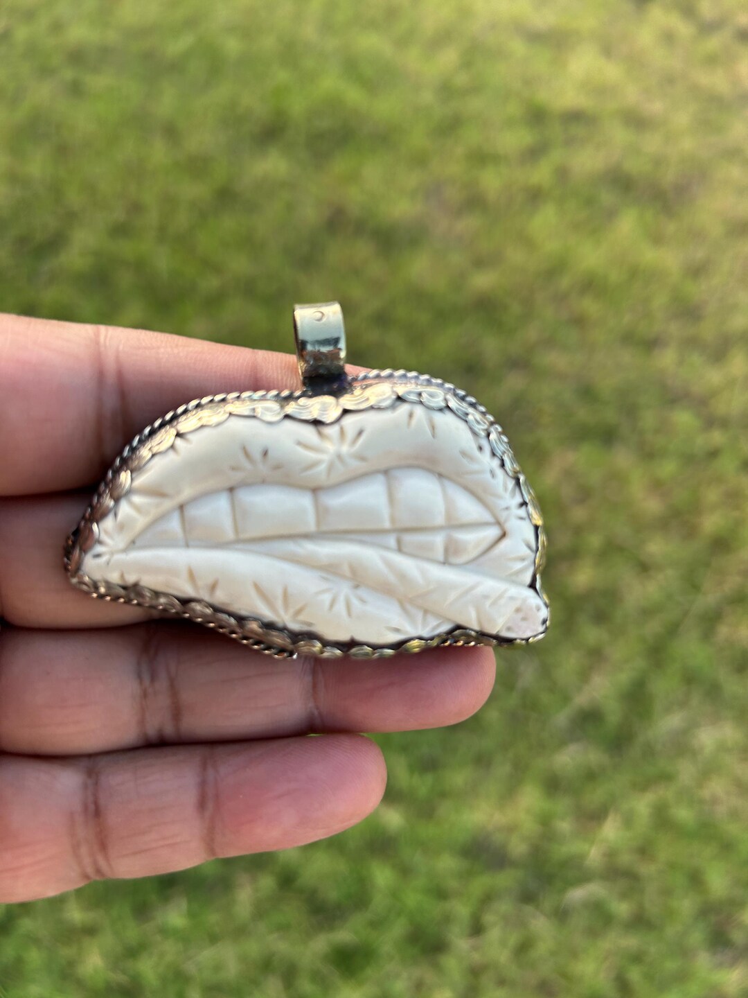 Weed Pendant | Hand-carved Buffalo Bone Pendant With Silver Overlay ...