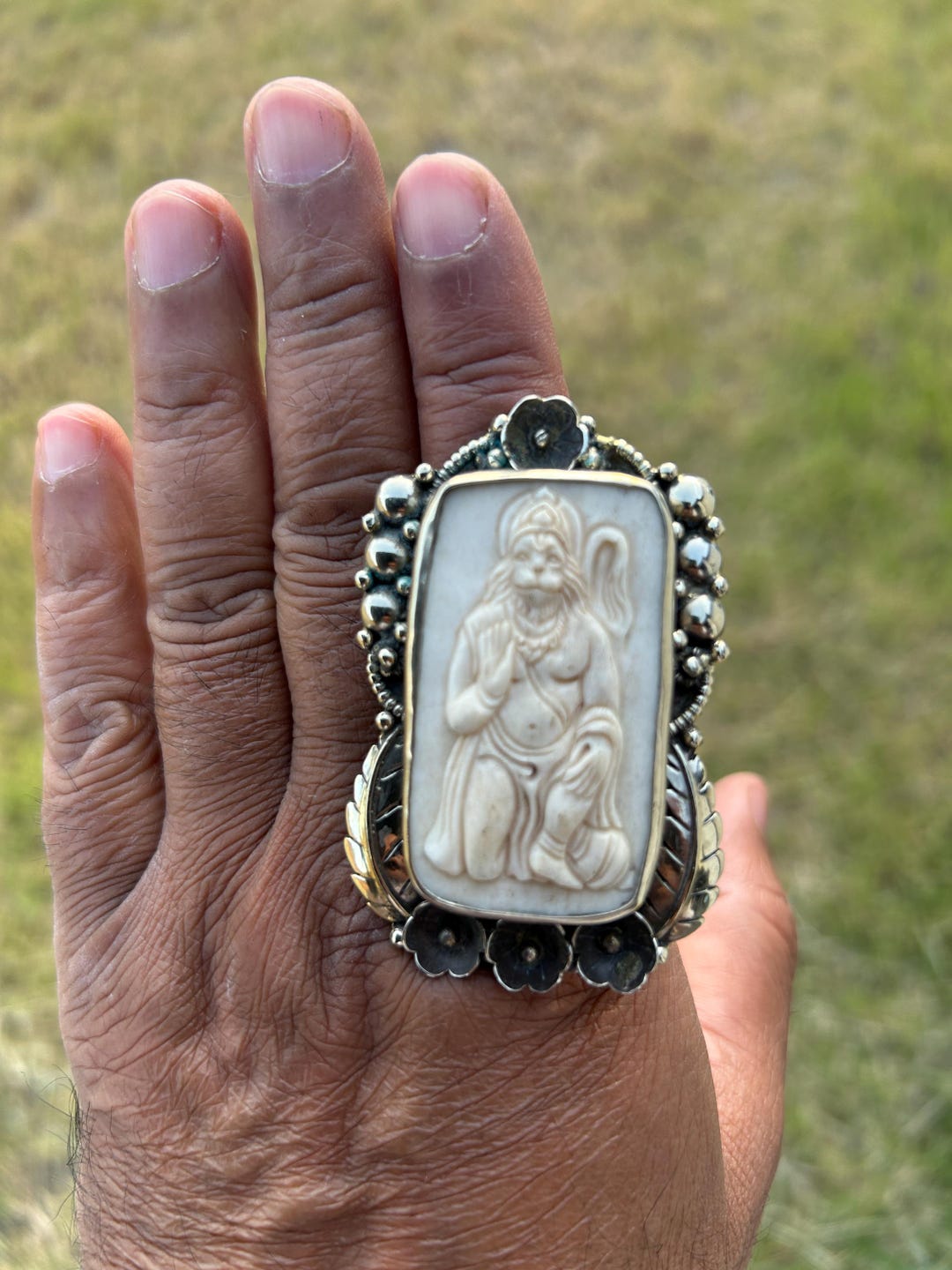 Handmade Hanuman Ring | Buffalo Bone, Silver Overlay | Hindu Monkey God ...