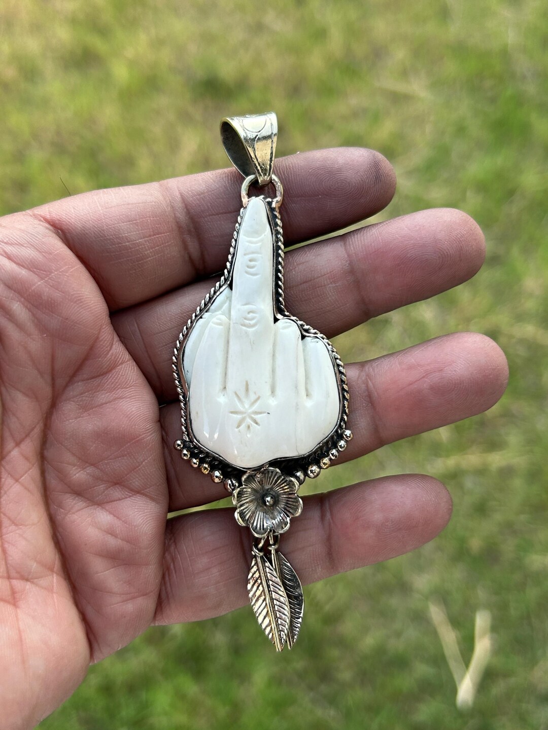 Hand-carved Bone Middle Finger Pendant | Silver Overlay, Edgy Jewelry ...