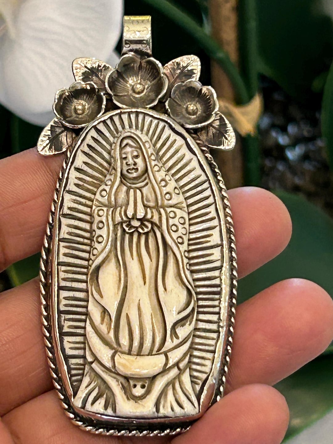 Hand-carved Bone Virgin of Guadalupe Pendant – Silver Overlay, Catholic ...