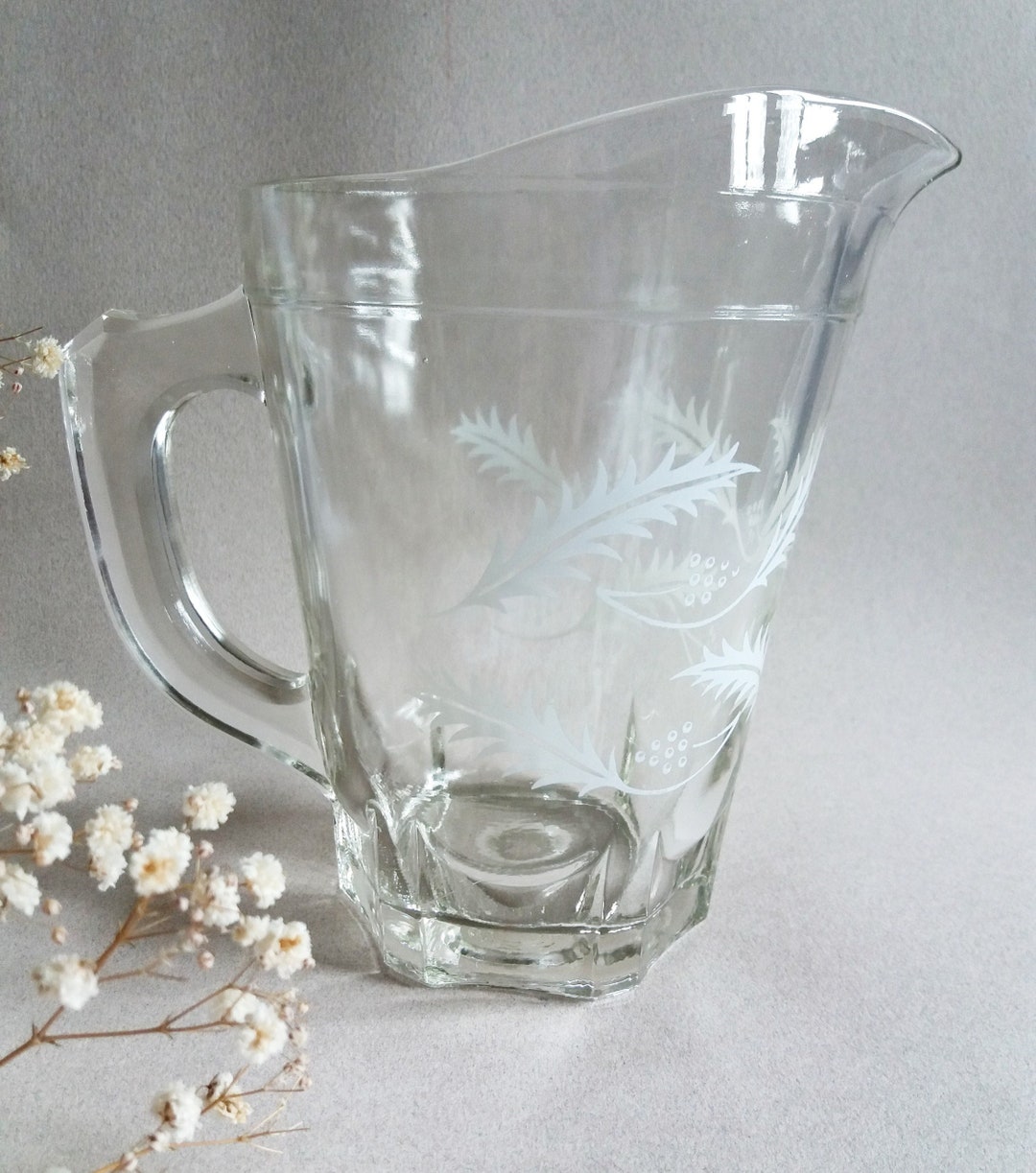 Pitcher, Jug in Molded Glass With White Foliage VHF - Etsy