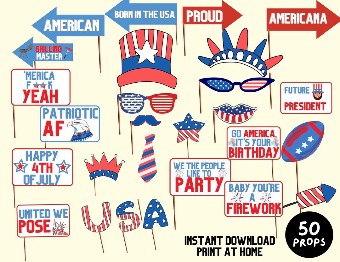 4th of July Photo Booth Props, Printable Instant Download Last Minute ...