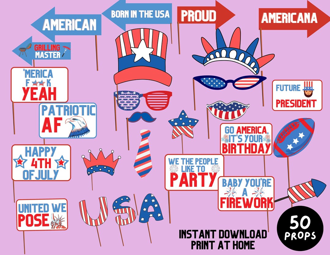 4th of July Photo Booth Props, Printable Instant Download Last Minute ...