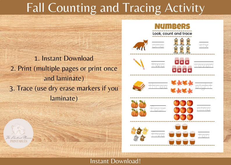 Fall Counting Worksheet: Montessori Tracing Activity (PDF Download) - Etsy