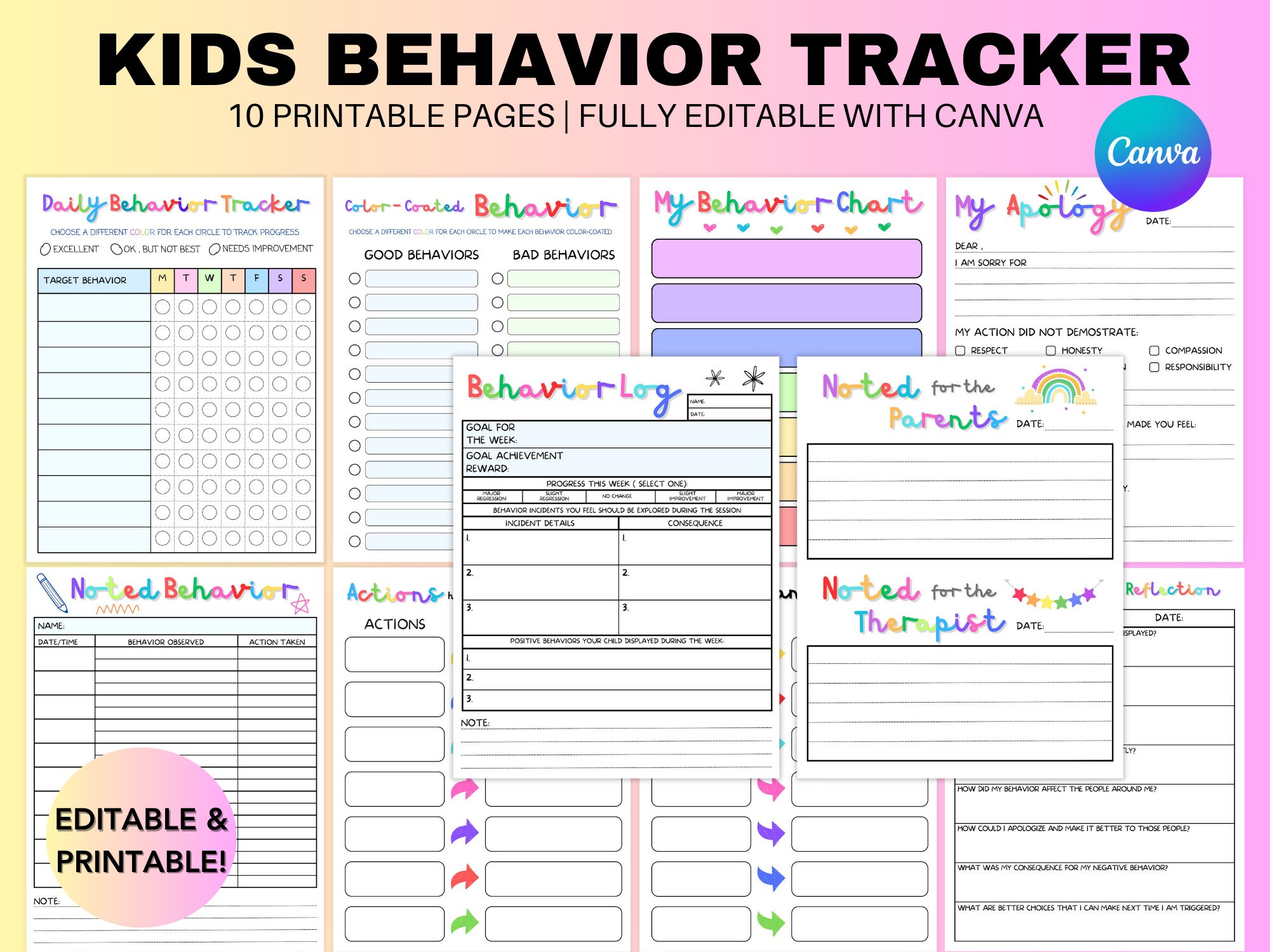 Kids Behavior Tracker, Printable Behaviour PDF, Editable Canva, Kids ...