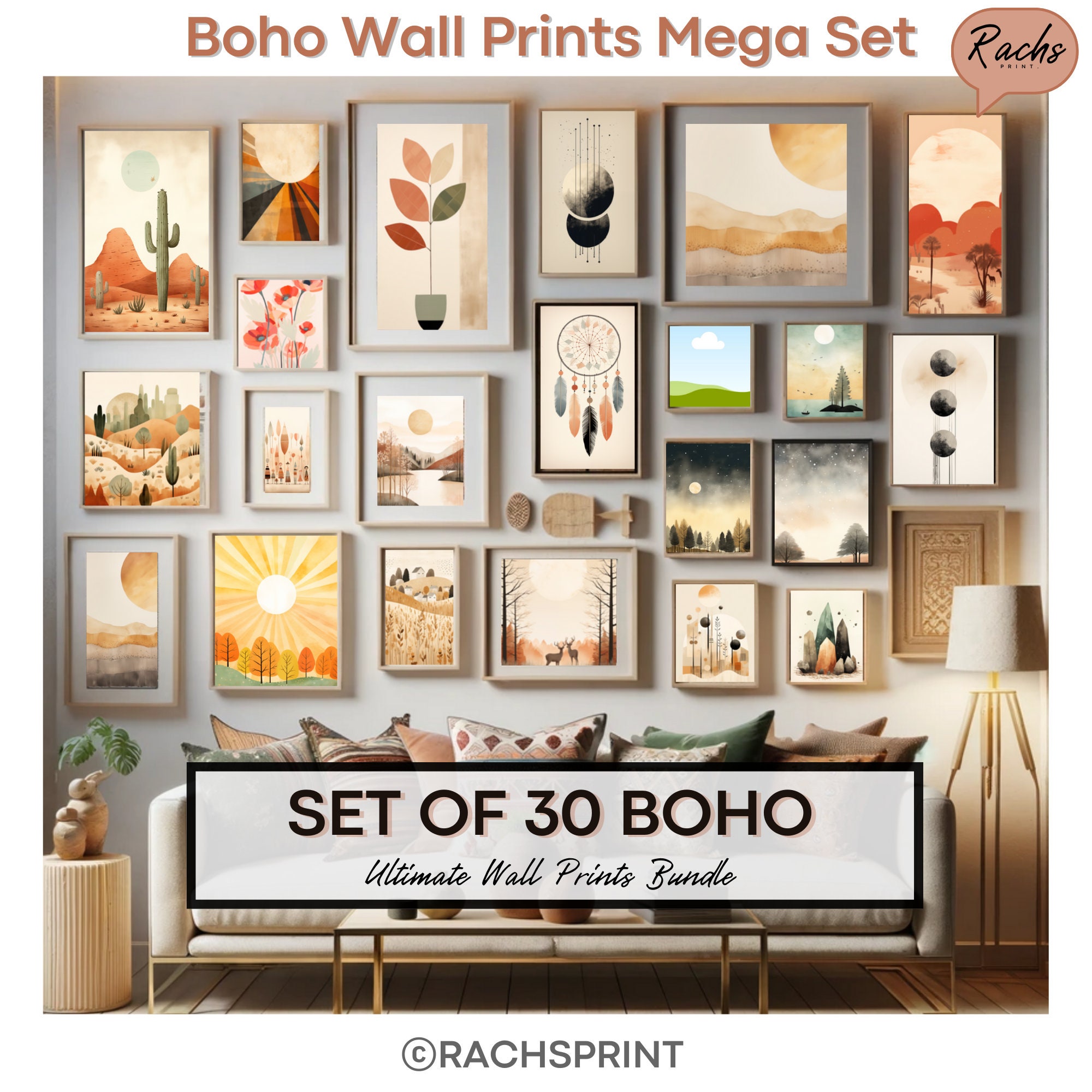 Boho Wall Art Mega Bundle, Set of 30 Prints, Bohemian Geometric Dorm ...