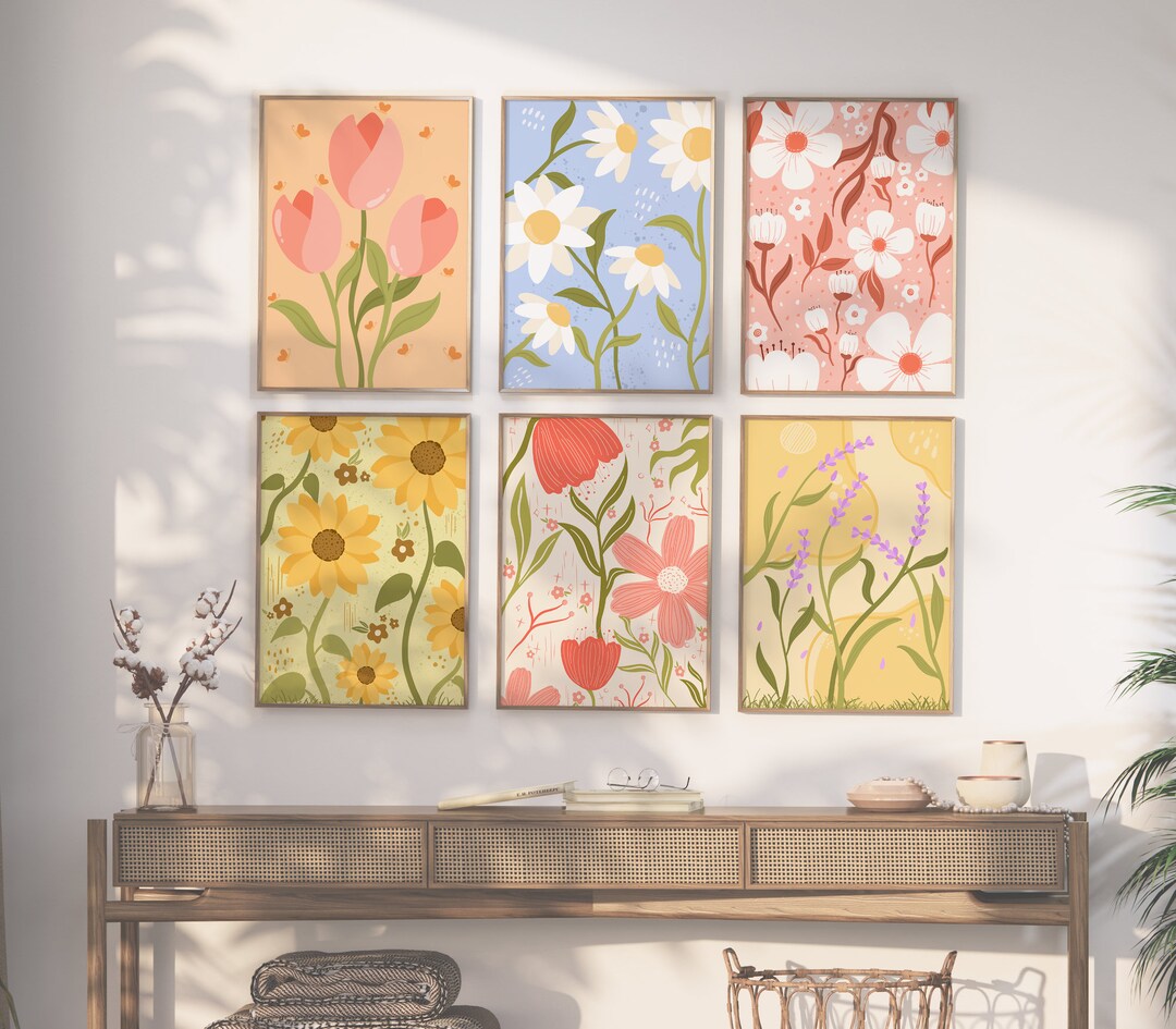 Set of 6 Floral Wall Art, Hand-drawn and Painted Botanical Wallart ...