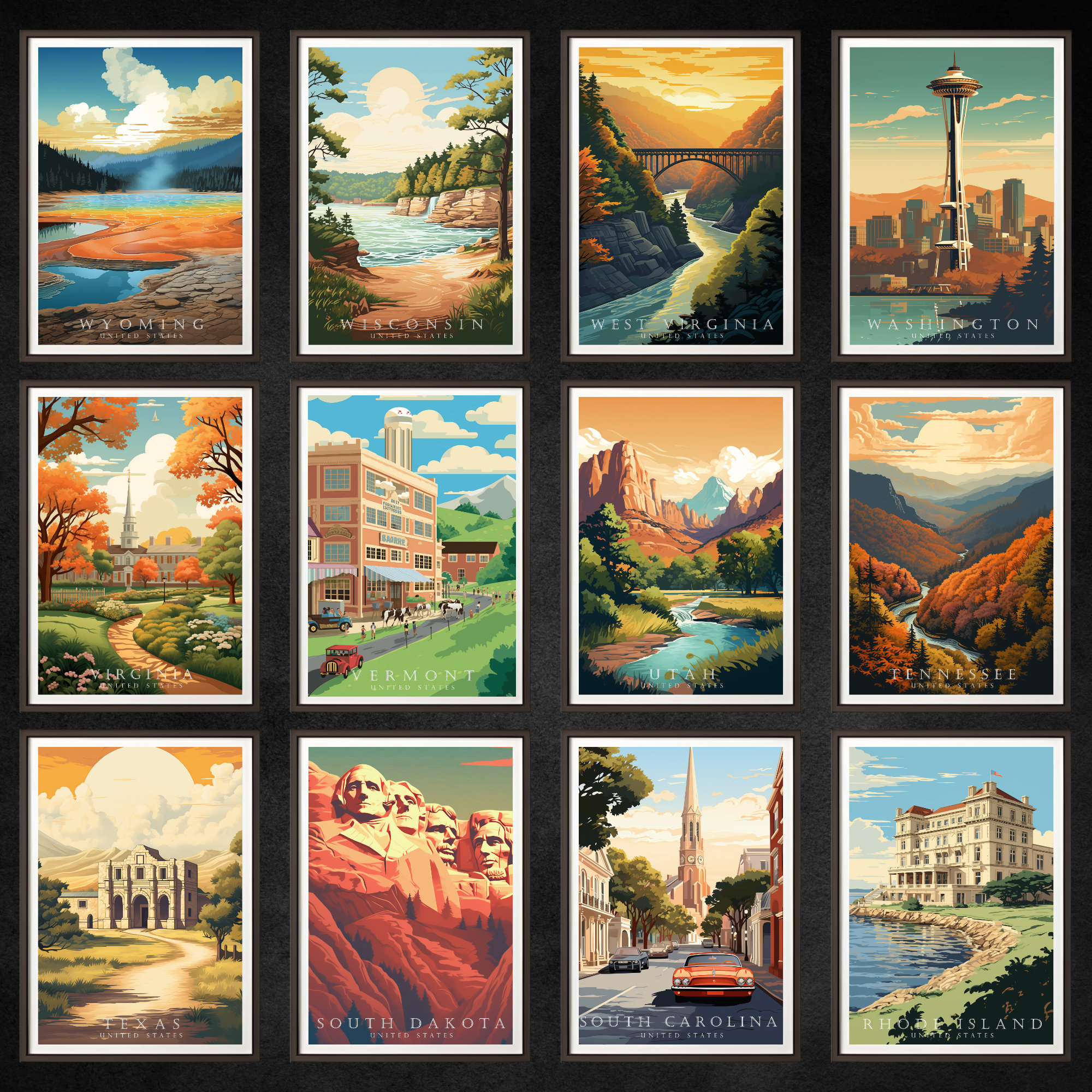50 U.S. States Collection Vintage Print, Digital Posters, Travel Prints ...